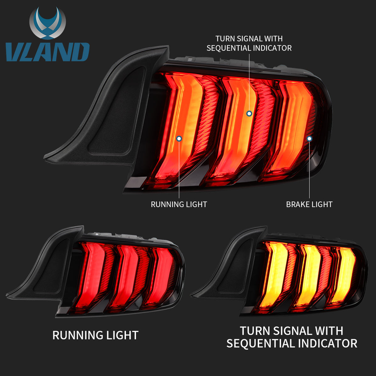 15-23 Ford Mustang S550 6th Gen VLAND Full LED Tail Lights (5 modes ...